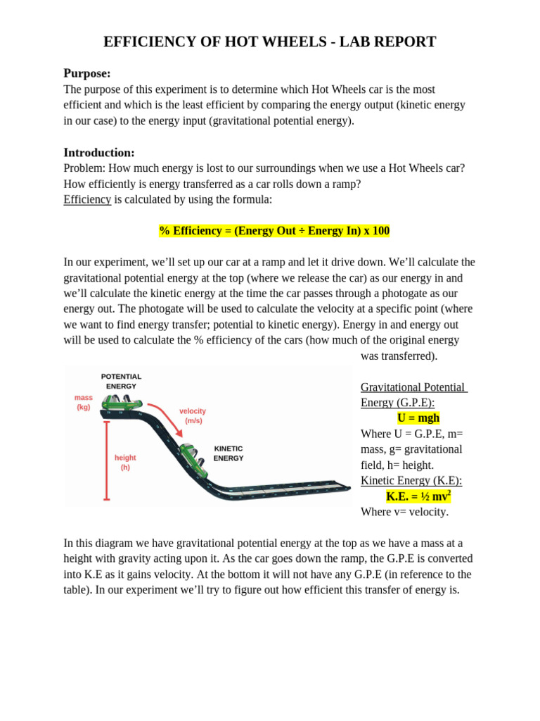 Hot Wheels Car Efficiency Lab Results | PDF | Kinetic Energy ...