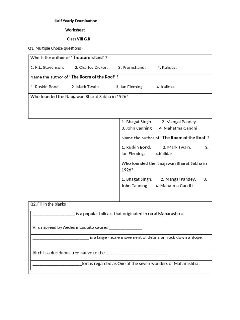 Worksheet Class VIII G.K | PDF
