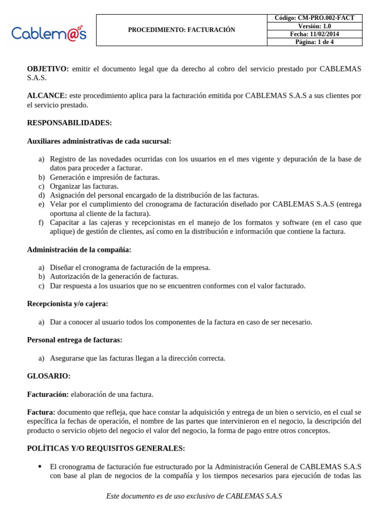 Procedimiento de Facturación CABLEMAS S.A.S | PDF | Factura | Software