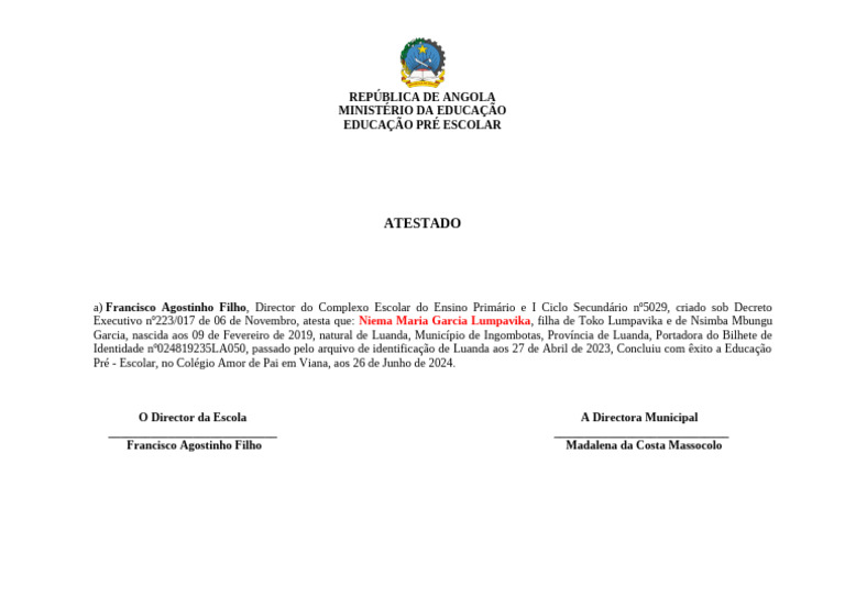 Atestado de Conclusão da Educação Pré-Escolar | PDF