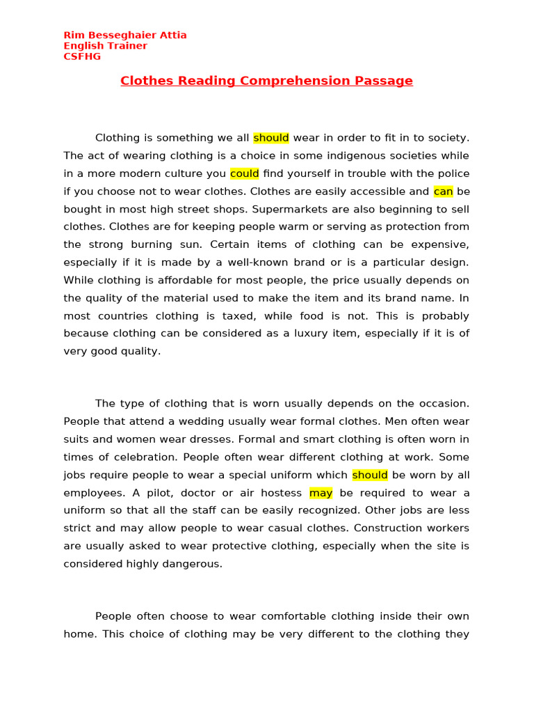 Clothes Reading Comprehension Passage | PDF | Clothing | Fashion