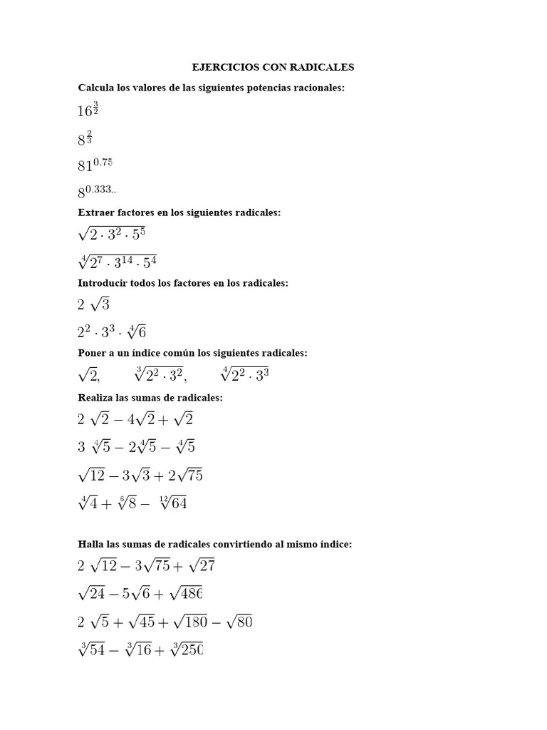Ejercicios de Radicales y Potencias | PDF