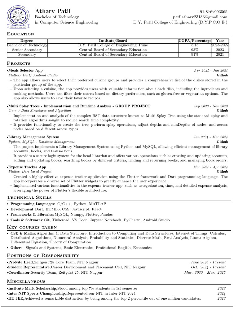Atharv_Patil Resume | PDF | Mathematical Analysis | Mathematics