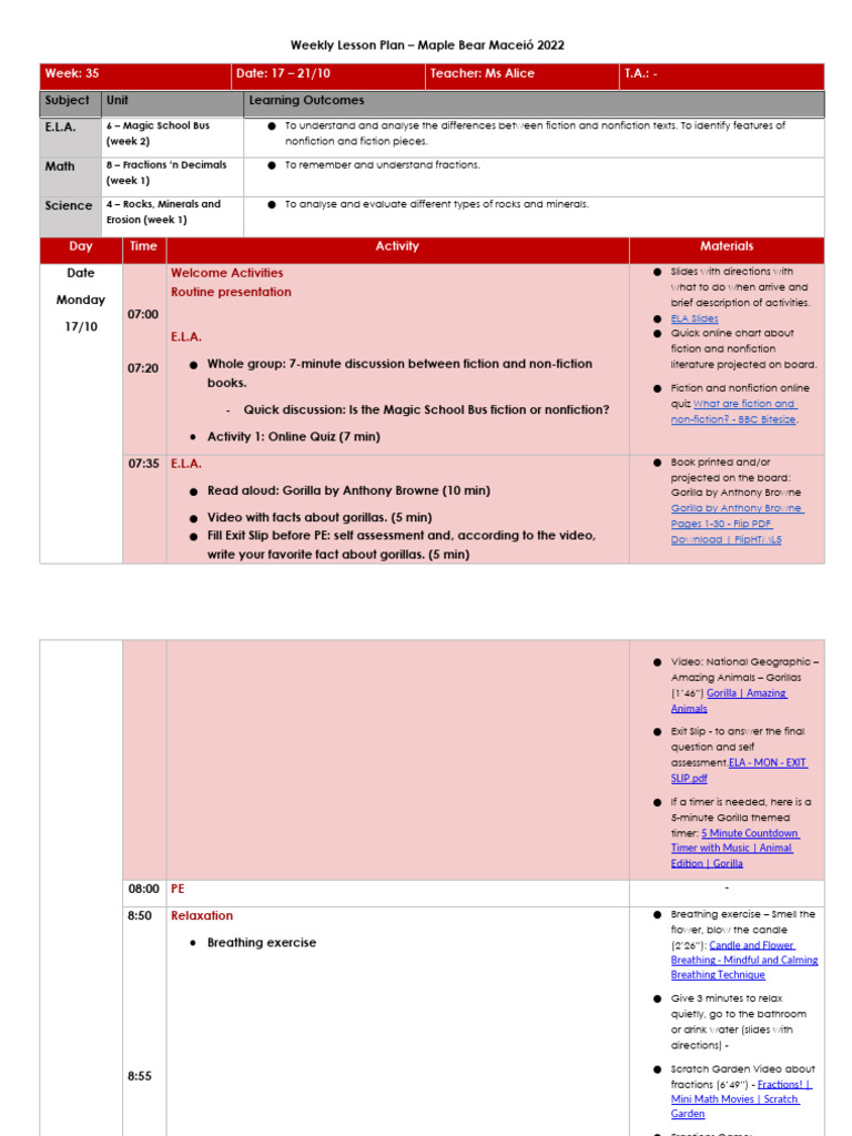 Week 35 - ELA Science Planning Sample | PDF