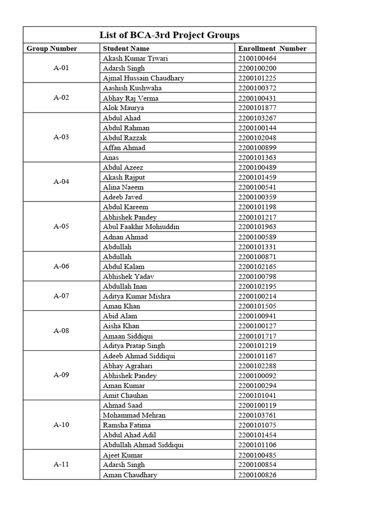 BCA Project Group List | PDF