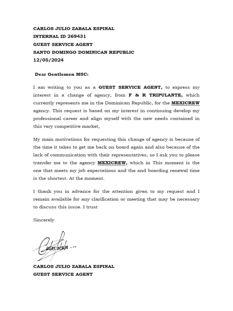 carta cambio de compañia CARLOS JULIO ZABALA ESPINAL | PDF