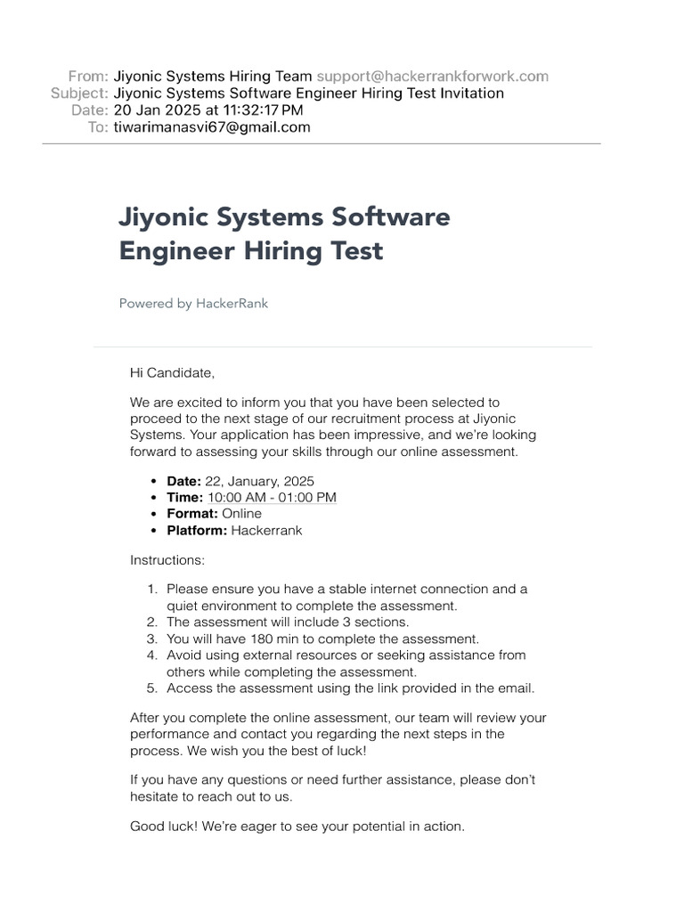 Jiyonic Systems Software Engineer Hiring Test: Powered by Hackerrank | PDF
