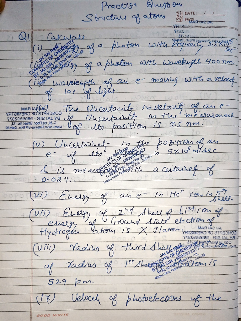Structure of Atom. Practise Sheet | PDF