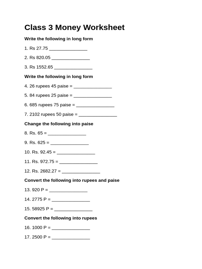 Class 3 Money Worksheet | PDF | Economy Of Asia | Currency
