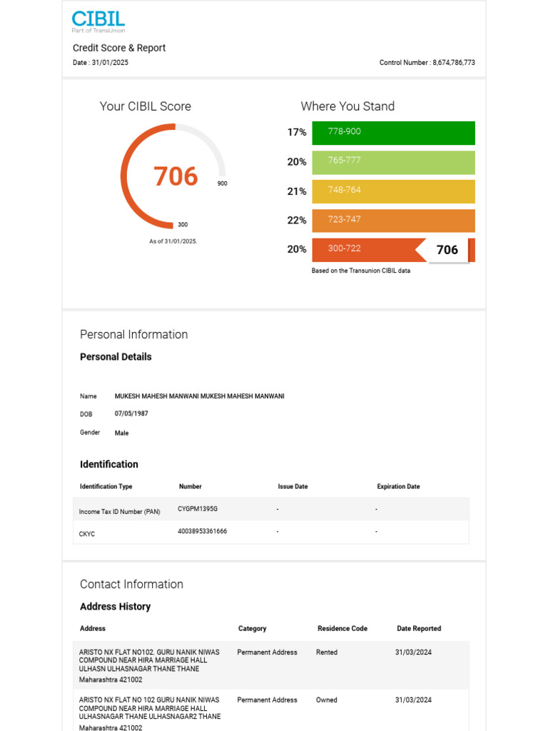 CIBIL Report | PDF | Line Of Credit | Finance & Money Management