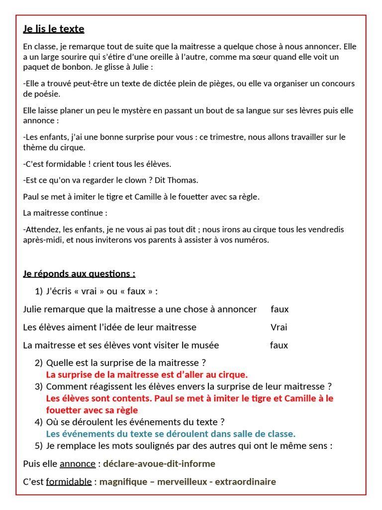 Surprise de la maitresse au cirque | PDF