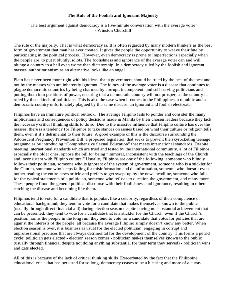 The Rule of the Foolish and Ignorant Majority | PDF | Democracy | Political Ideologies