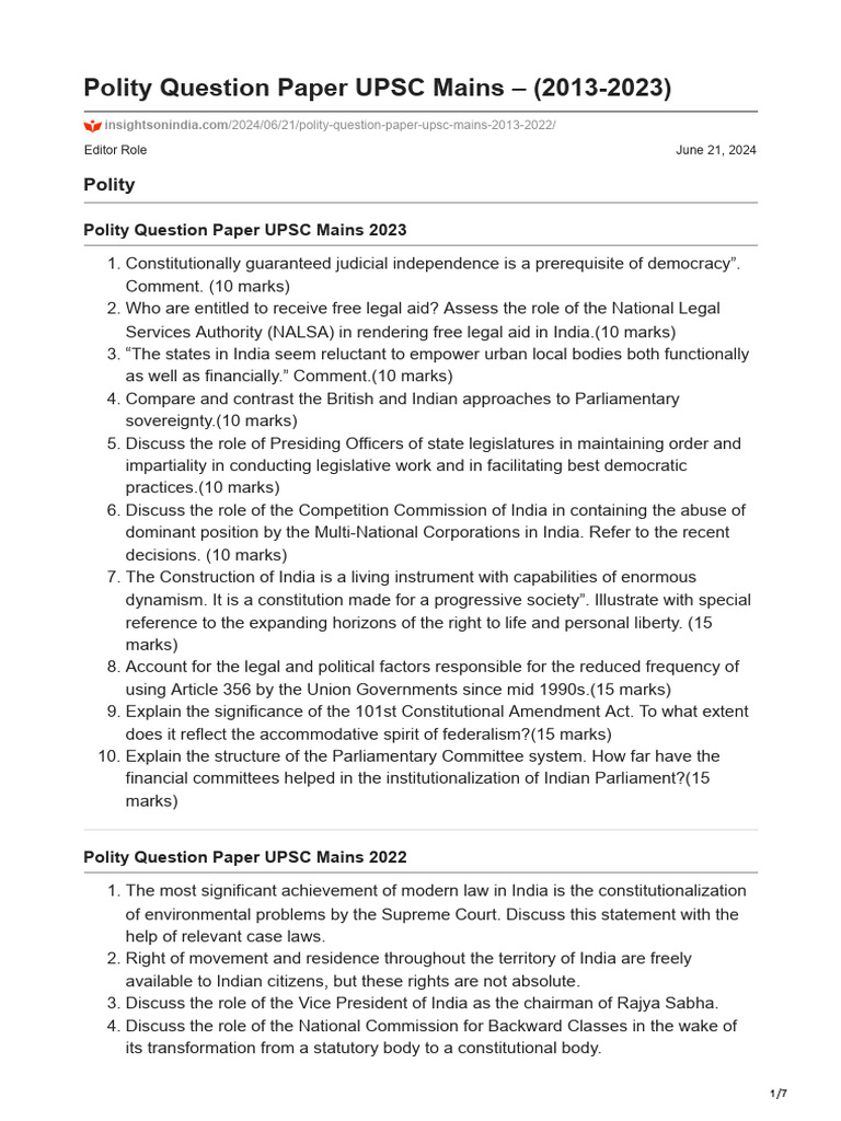 Polity Question Paper UPSC Mains 2013-2023 | PDF | Constitution | Democracy