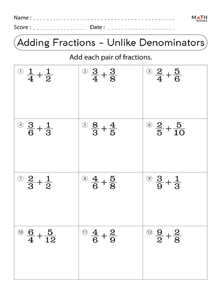 4th Grade Adding Fractions With Unlike Denominators Worksheets | PDF