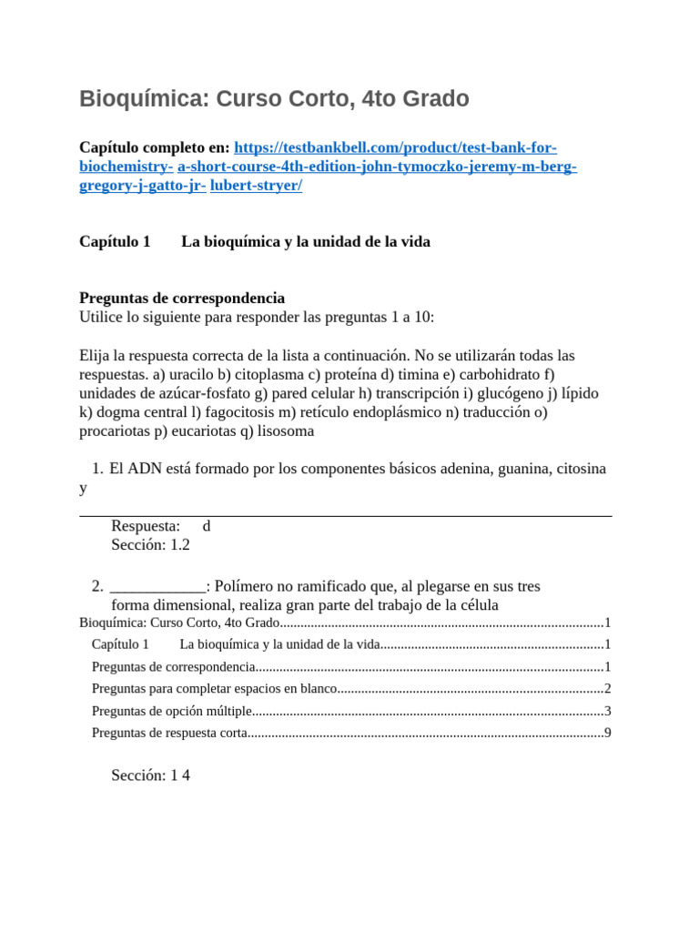 Banco de Pruebas para Bioquímica Un Curso Corto 4ta Edición John ...