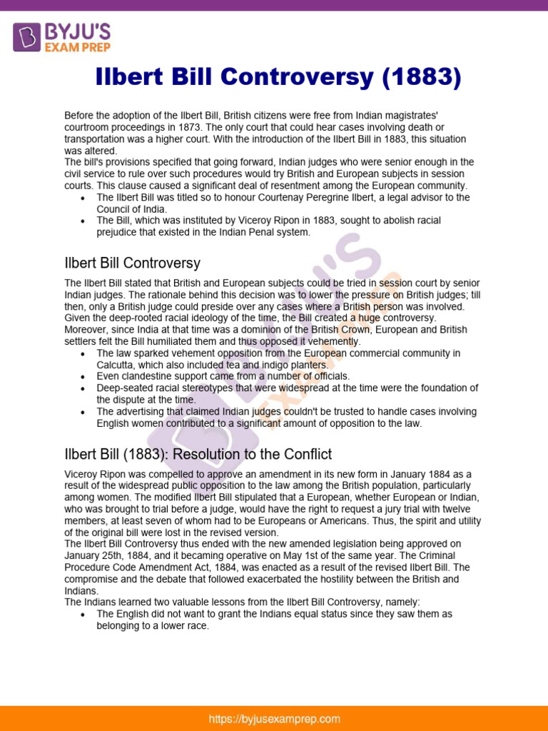 Ilbert Bill Controversy Upsc Notes 27 | PDF | British Raj | Government