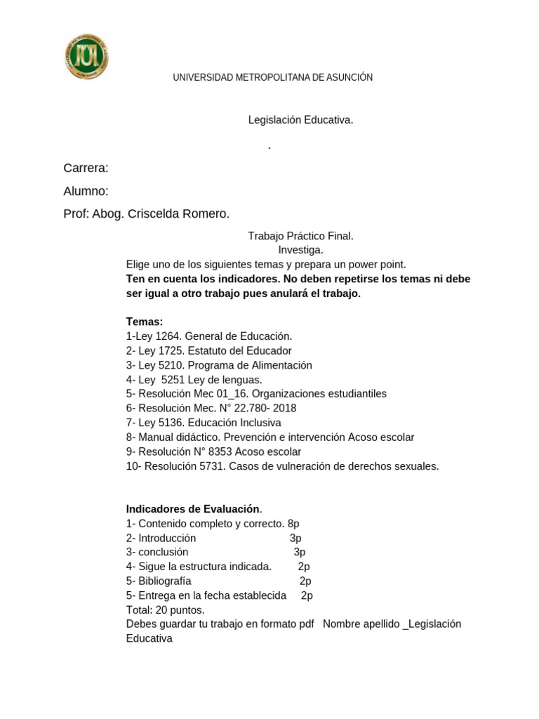 Legislación Educativa. Trabajo Práctico Final | PDF