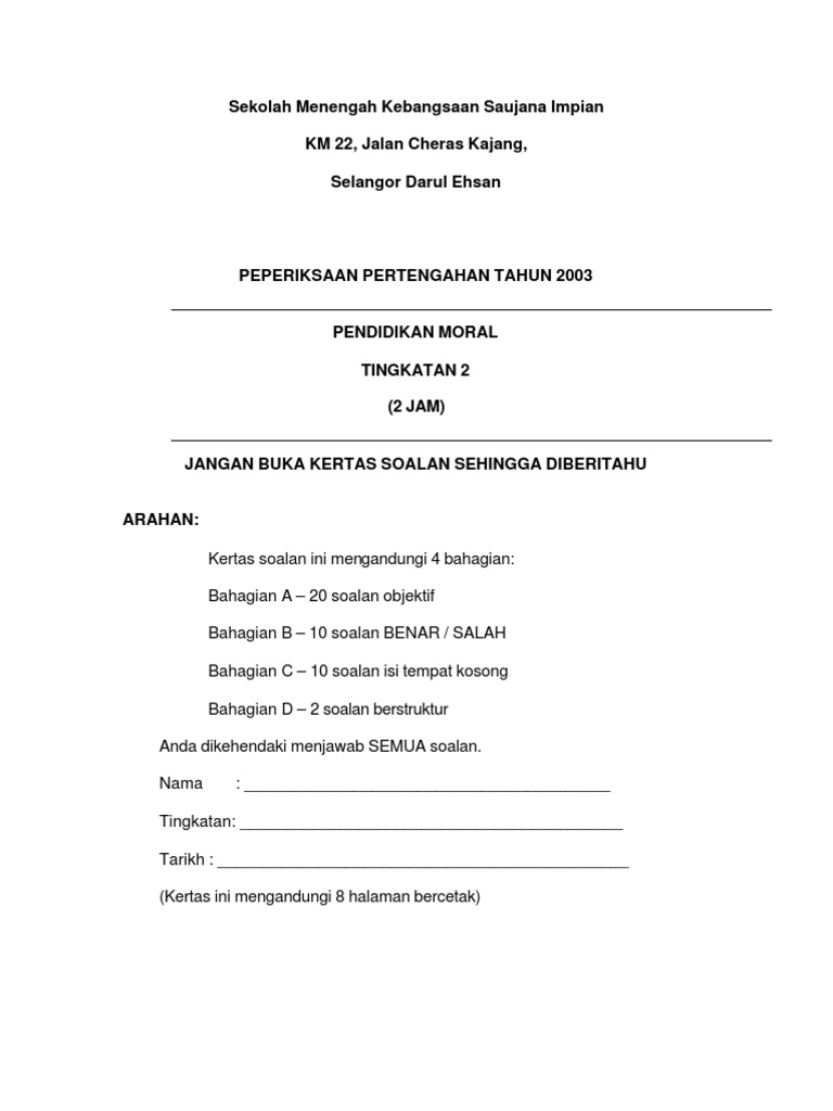 Soalan Tingkatan 2 Pendidikan Moral | PDF