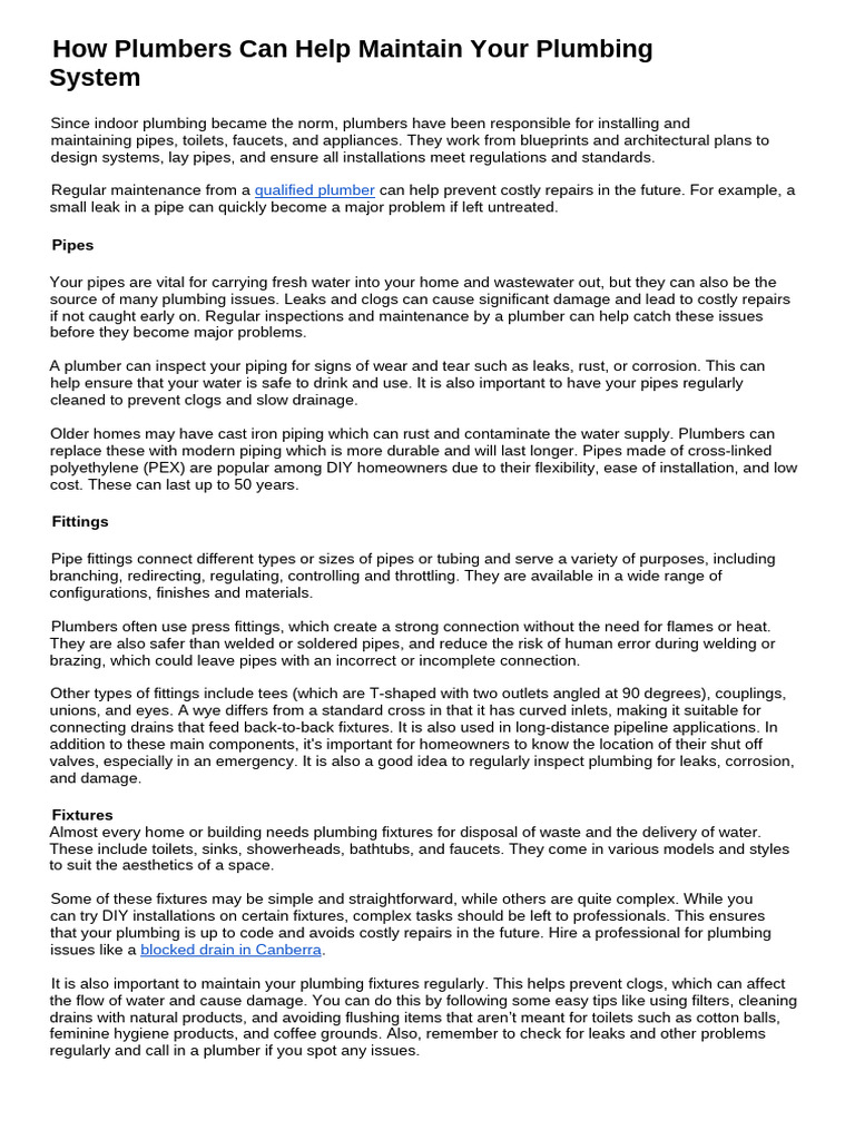 How Plumbers Can Help Maintain Your Plumbing System | PDF | Plumbing ...