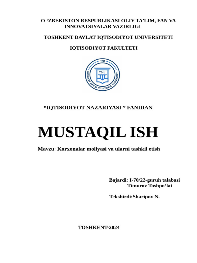 Korxona Iqtisodiyoti Mustaqil Ish NAMUNA | PDF