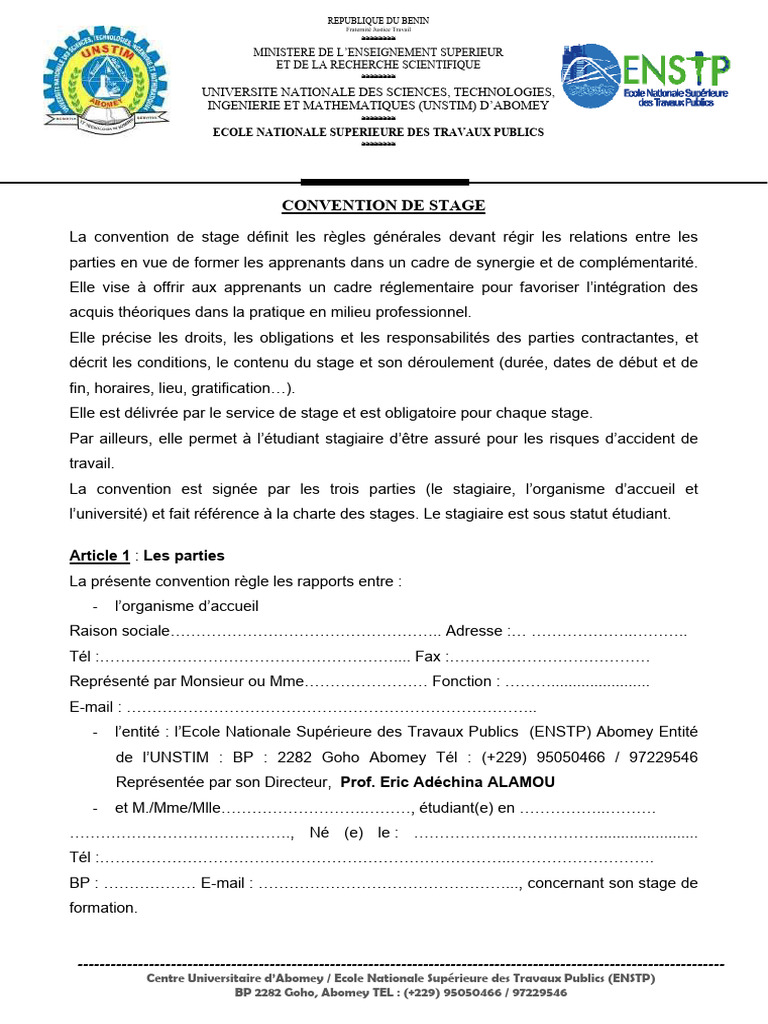 Modèle de Convention de Stage ENSTP | PDF | Assurance