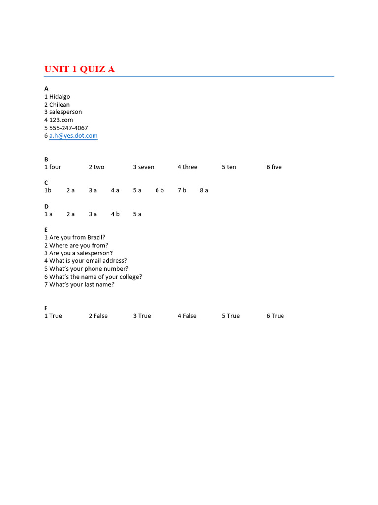 Evolve L1 Unit 1 Quiz A AnswerKey | PDF