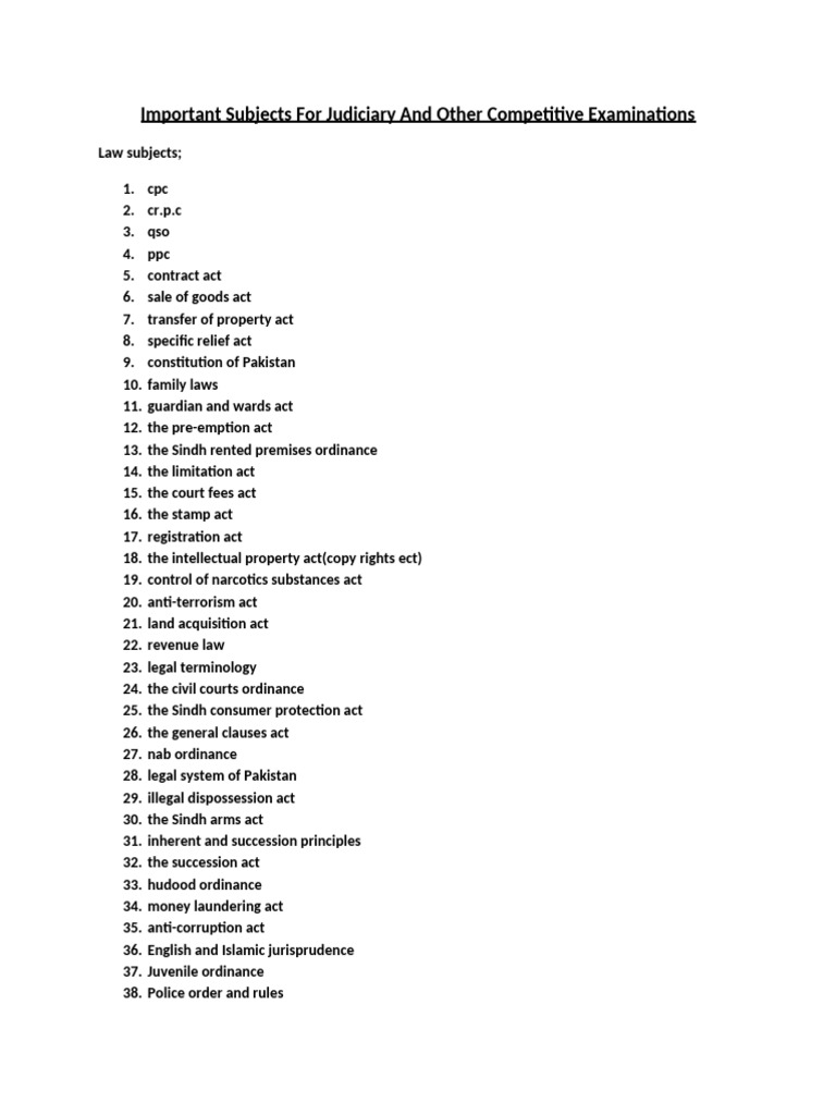 Important Subjects For Judiciary and Other Competitive Examinations | PDF