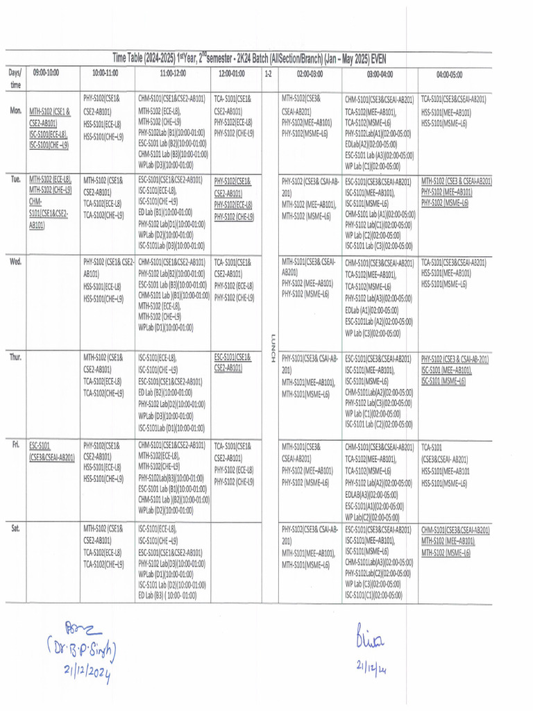 Time Table (2024-25) 2K24 Batch - UIET | PDF
