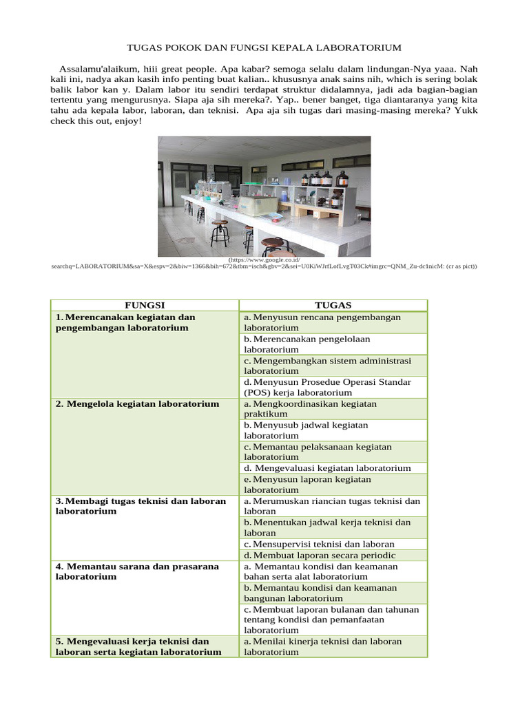 Tugas Pokok Dan Fungsi Kepala Laboratorium | PDF