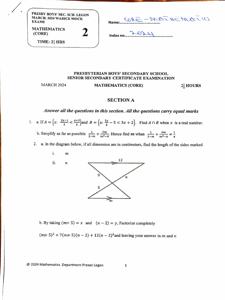 CORE MATHEMATICS (MOCK 2024) SECTION B | PDF | Qualifications | Student Assessment And Evaluation