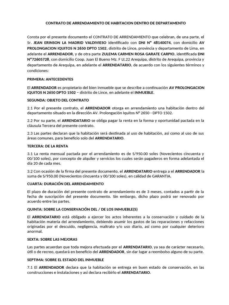 Contrato de Arrendamiento Roomie | PDF