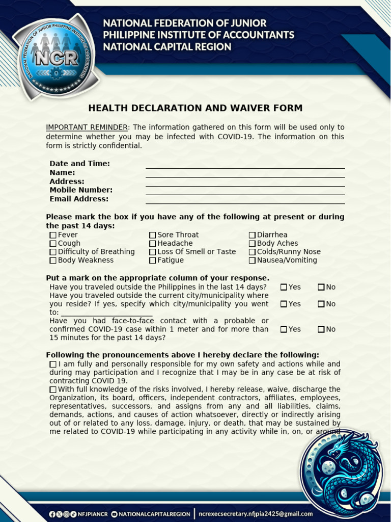 Nfjpiancr 2425 20th NCR JPIAlyimpics Health Declaration and Waiver Form 4 | PDF | Common Cold ...