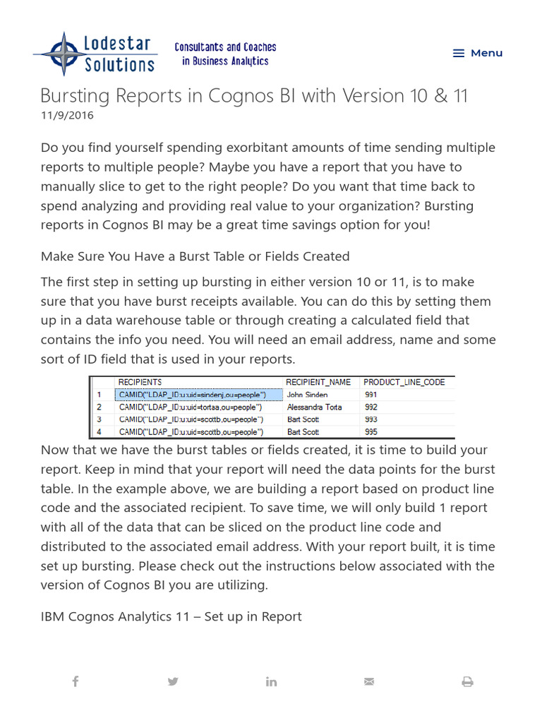 Bursting Reports in Cognos BI With Version 10 & 11 - Lodestar Solutions | PDF | Data | Software