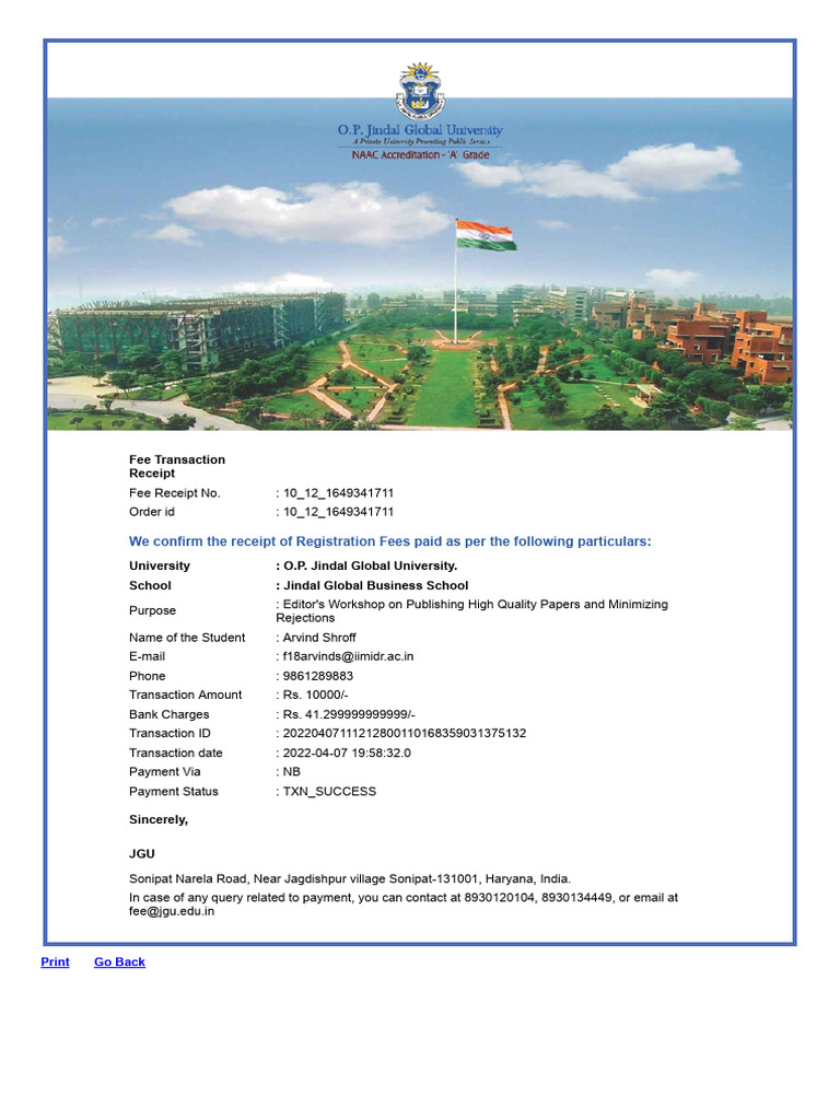 JGU - FEE RECEIPT - Arvind Shroff FPM 2018 Batch | PDF