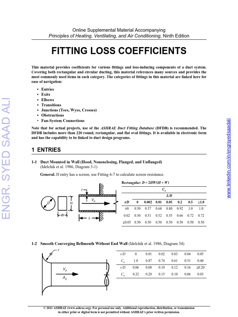 ASHRAE Duct Fitting Loss Coefficients | PDF | Duct (Flow) | Building ...