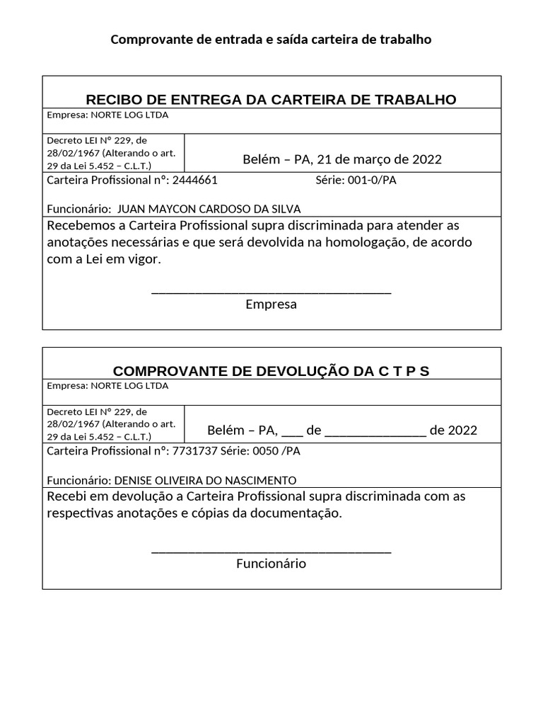 Comprovante de Entrada e Saída CTPS | PDF