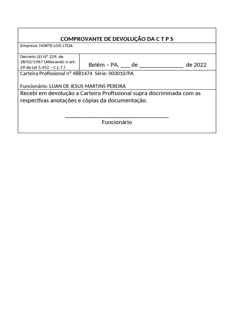 Comprovante de Entrada e Saída CTPS | PDF