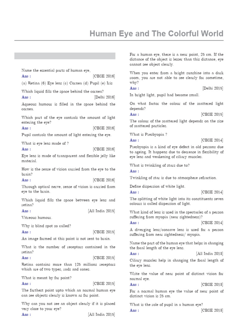 Cbse Pyq CL-10 Human Eye | PDF | Eye | Sunset