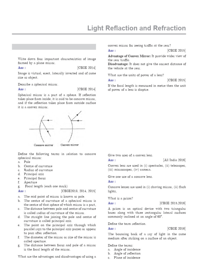 Cbse Pyq Cl-10-Light | PDF | Mirror | Refraction