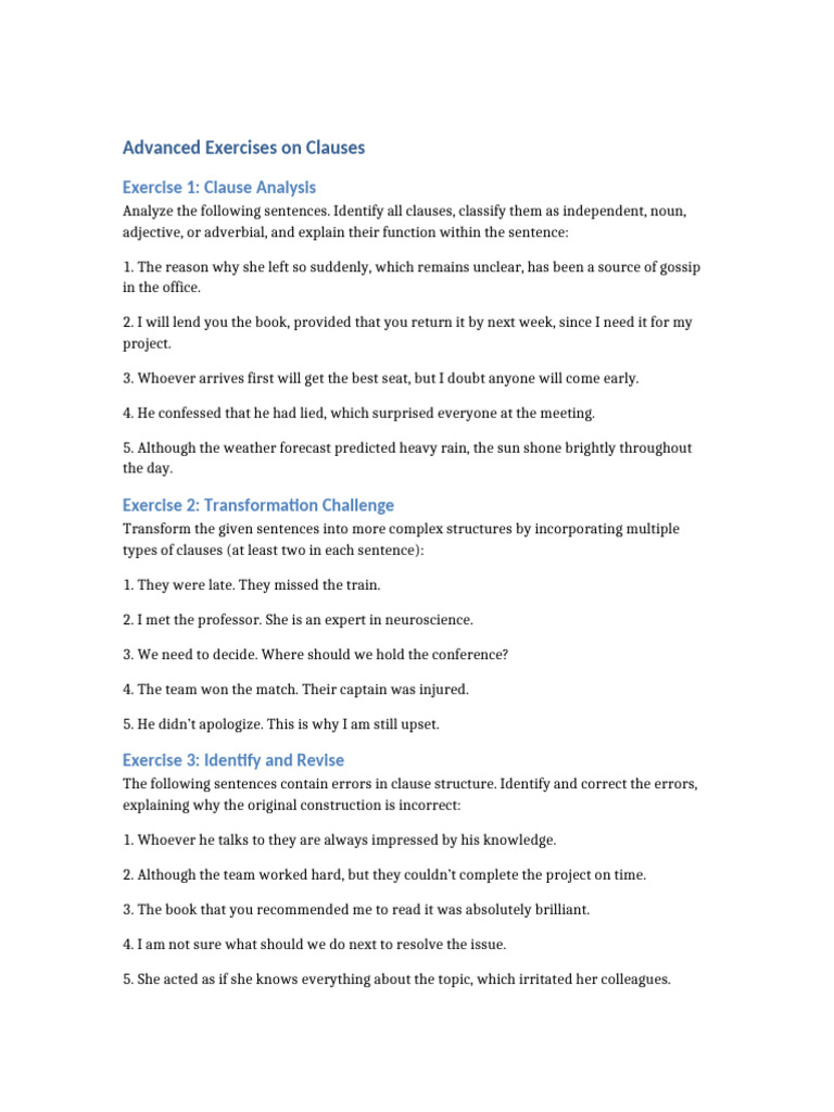 Advanced Exercises On Clauses | PDF | Clause | Sentence (Linguistics)