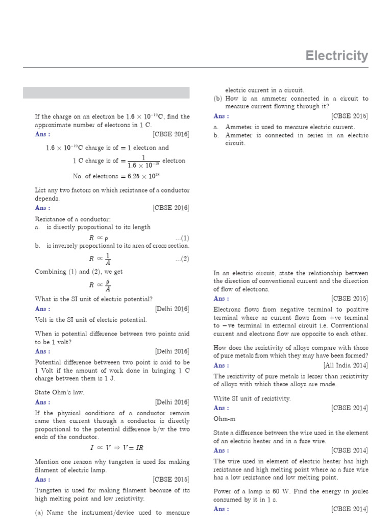 Cbse Pyq - CL-10 - Electricity | PDF | Electric Current | Voltage