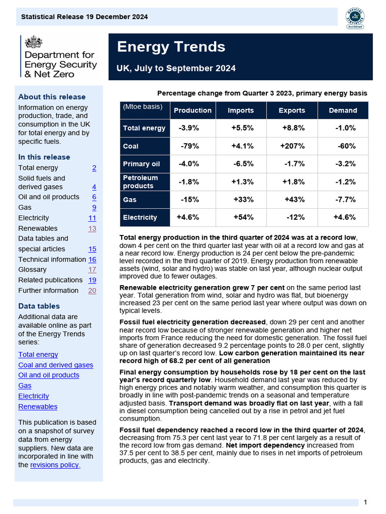 UK Energy Trends Q3 2024 | PDF | Renewable Energy | Electricity Generation