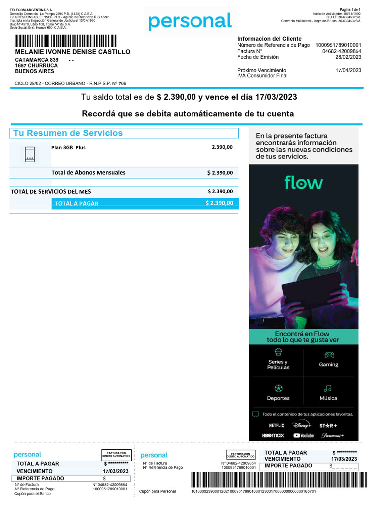 Factura Telecom Argentina | PDF | Factura | Tarjeta de débito