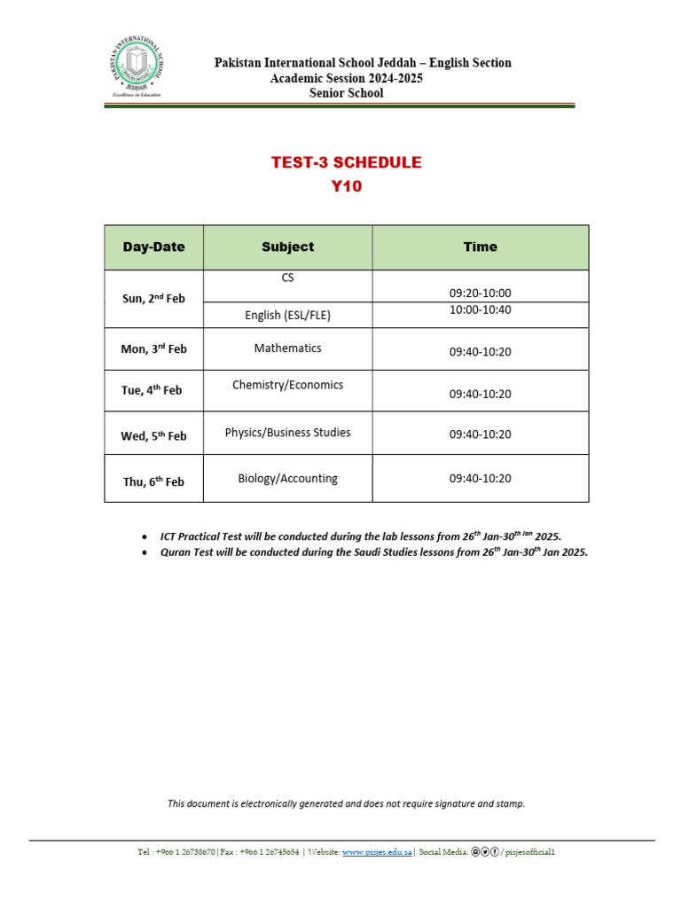 Y10 Test Schedule 2024-2025 PISJ | PDF