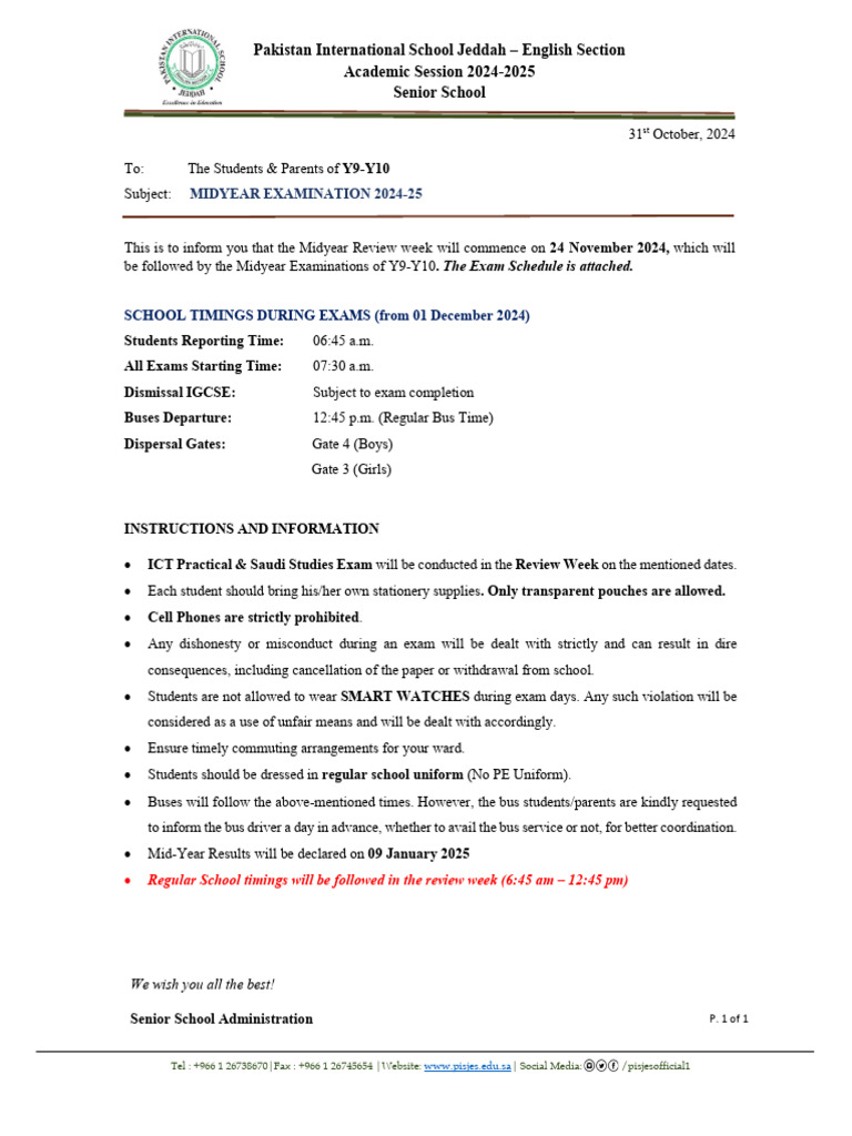 IGCSE Midyear Exam Memo 2024-2025 512357551 | PDF
