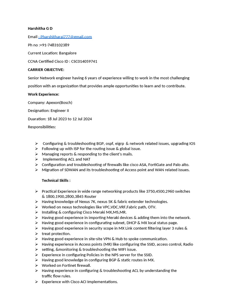 Devraj Harshitha - CV - Network Engineer - TechM | PDF | Computer Network | Firewall (Computing)