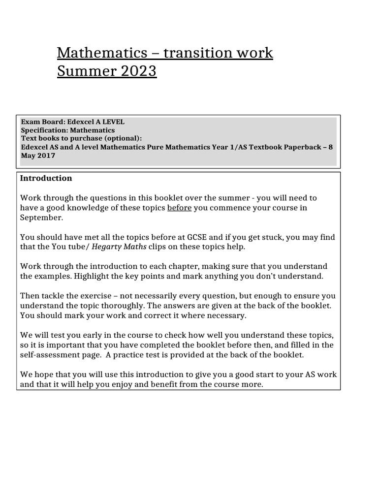 Maths Summer HW | PDF | Equations | Quadratic Equation