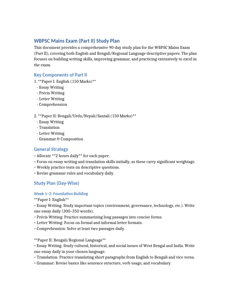WBPSC Mains Exam Study Plan | PDF | Essays | Translations