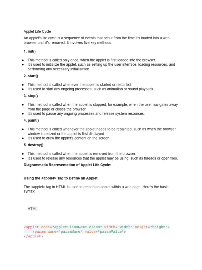 Explain diagrammatically the Applet life cycle Ho... - Google Docs ...