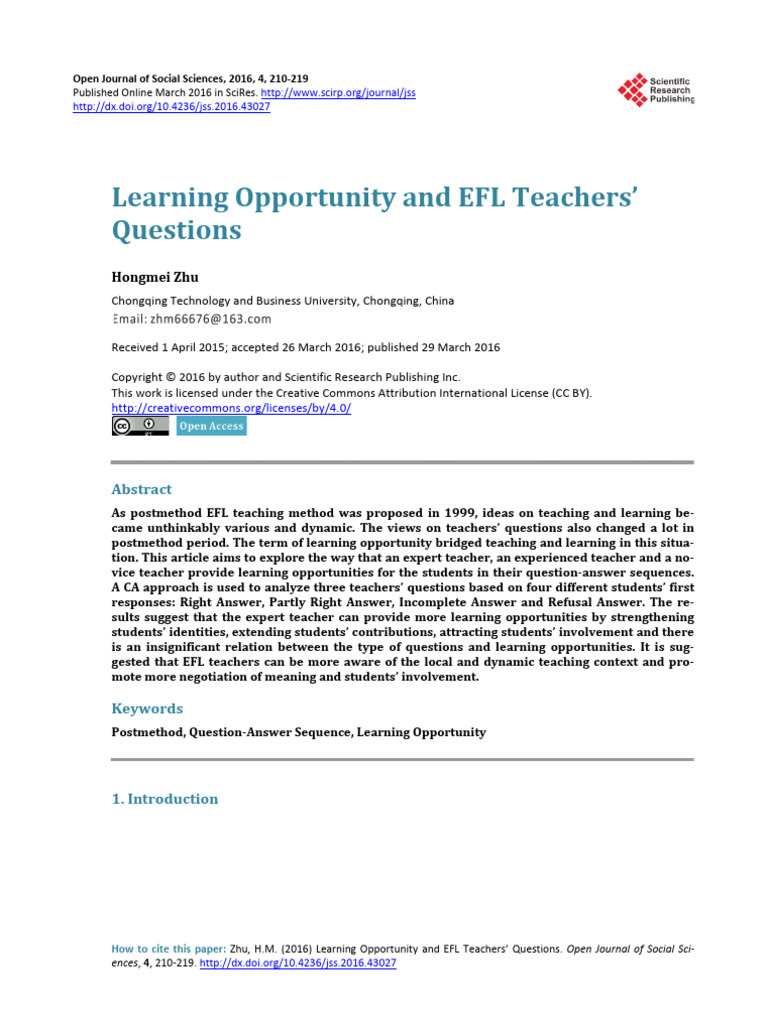 Learning Opportunity and EFL Teachers Questions | PDF | English As A ...